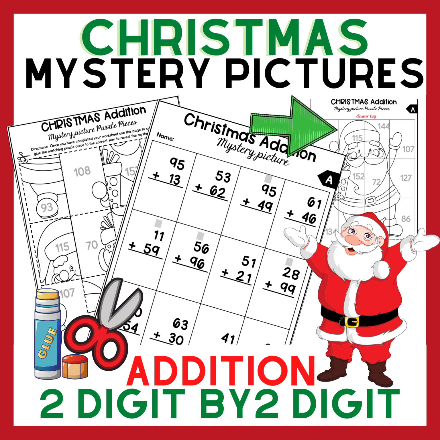 Christmas Addition 2 digit by 2 digit with regrouping - Mystery ...